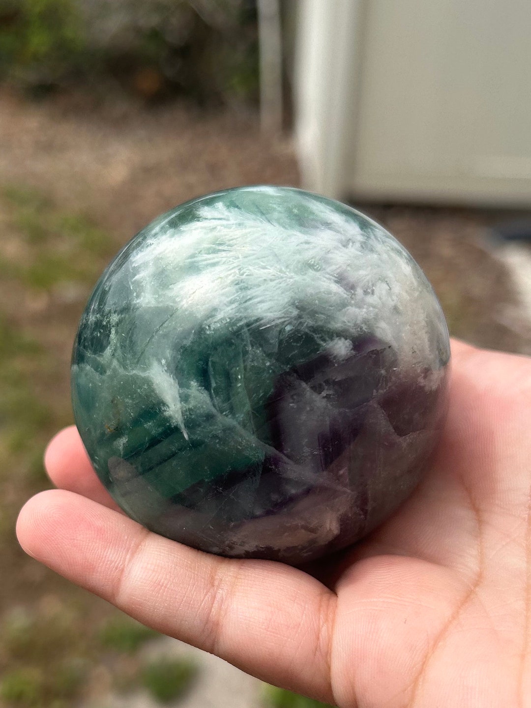 Rainbow Feather Fluorite Sphere - Deep Greens and Purples, Shiny, Gemmy ...