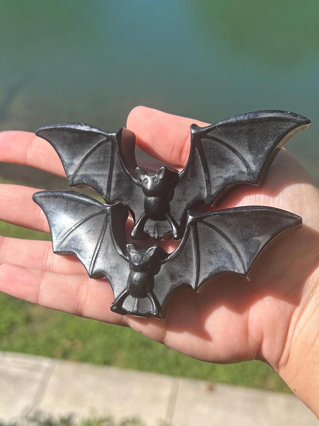 Black Obsidian Bat Carving Halloween Natural Crystal Carving, 4.5 Wide ...