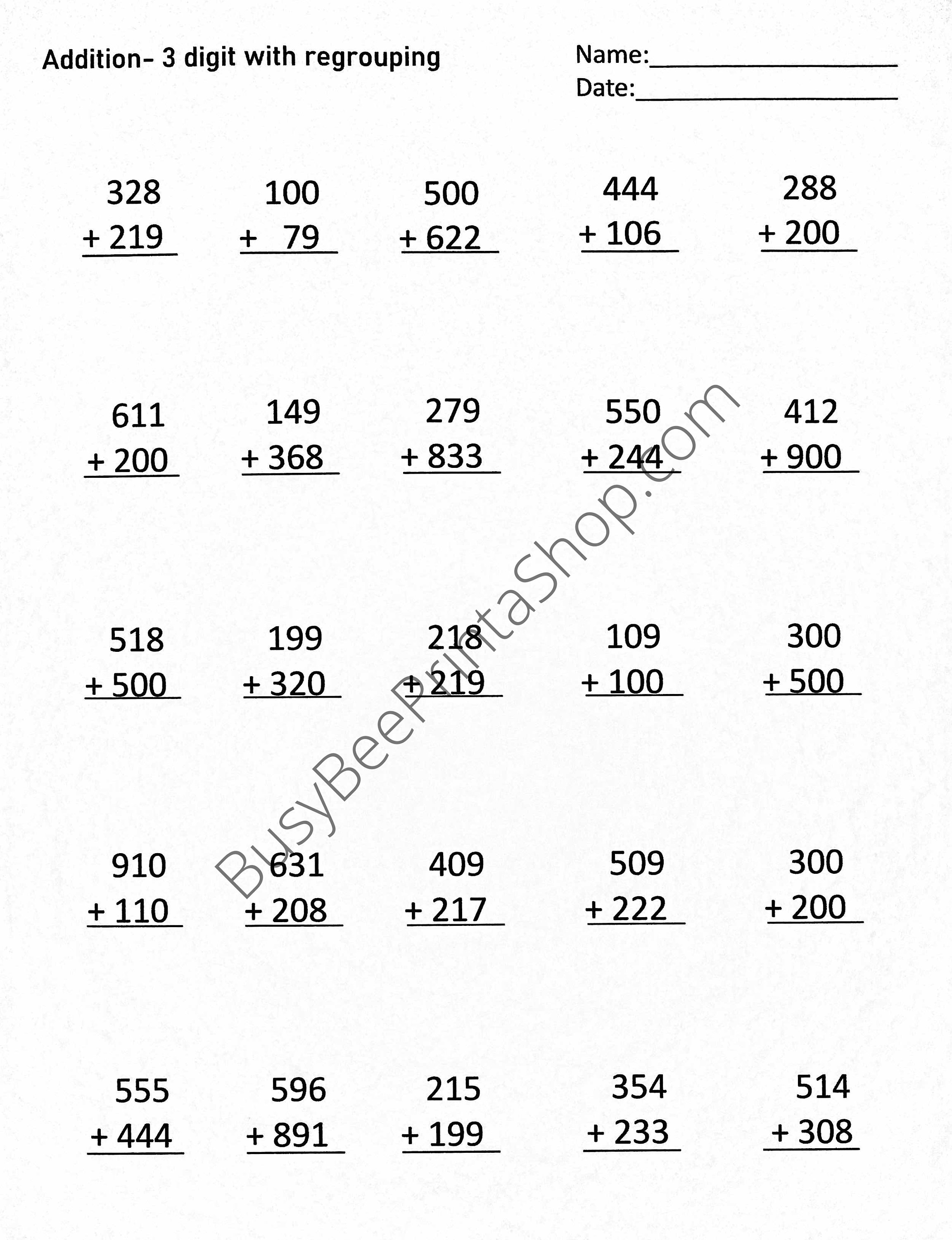 Addition-3 Digit With Regrouping (1 Sheet) 25 Problems - Etsy