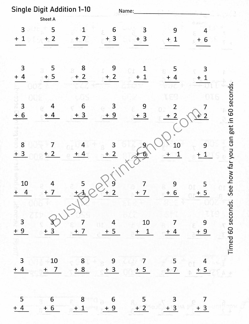 Addition 1-10 Timed Worksheet. 2 Sheets. 56 Math Problems on Each Sheet ...