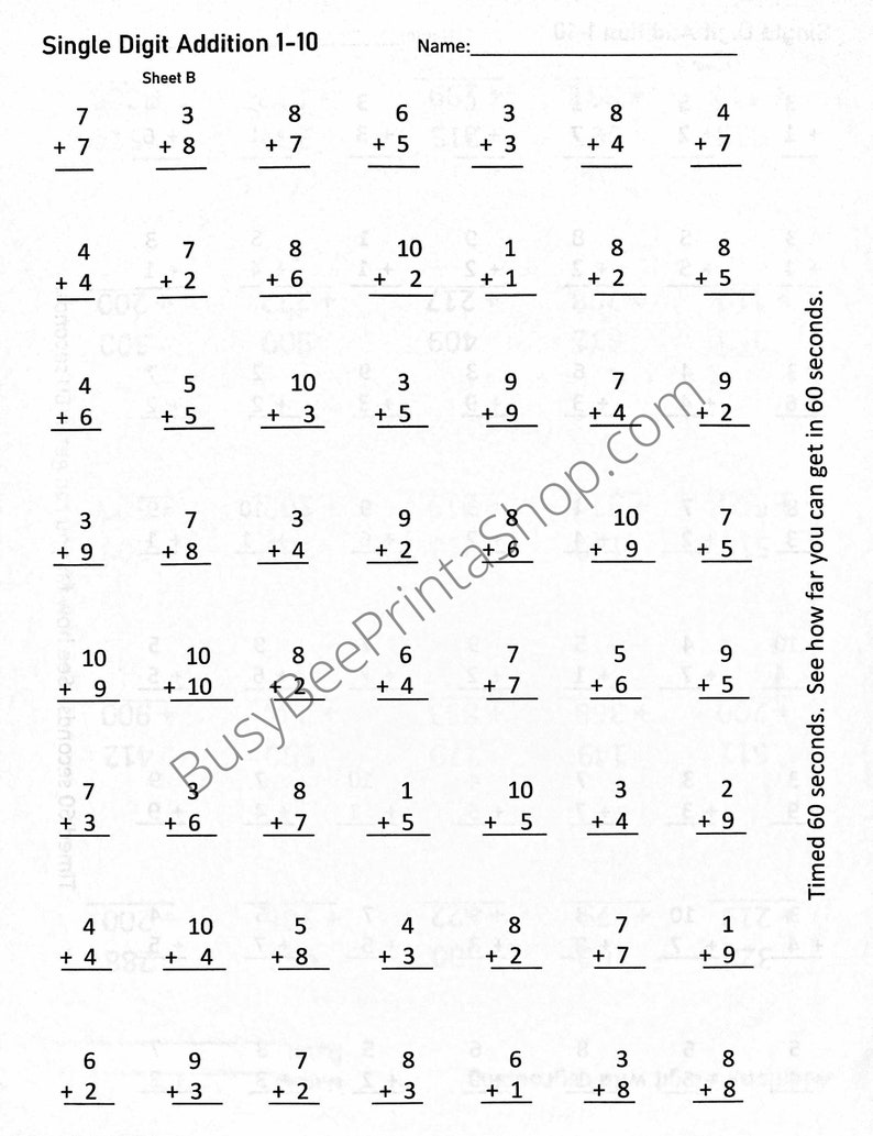 Addition 1-10 Timed Worksheet. 2 Sheets. 56 Math Problems on Each Sheet ...