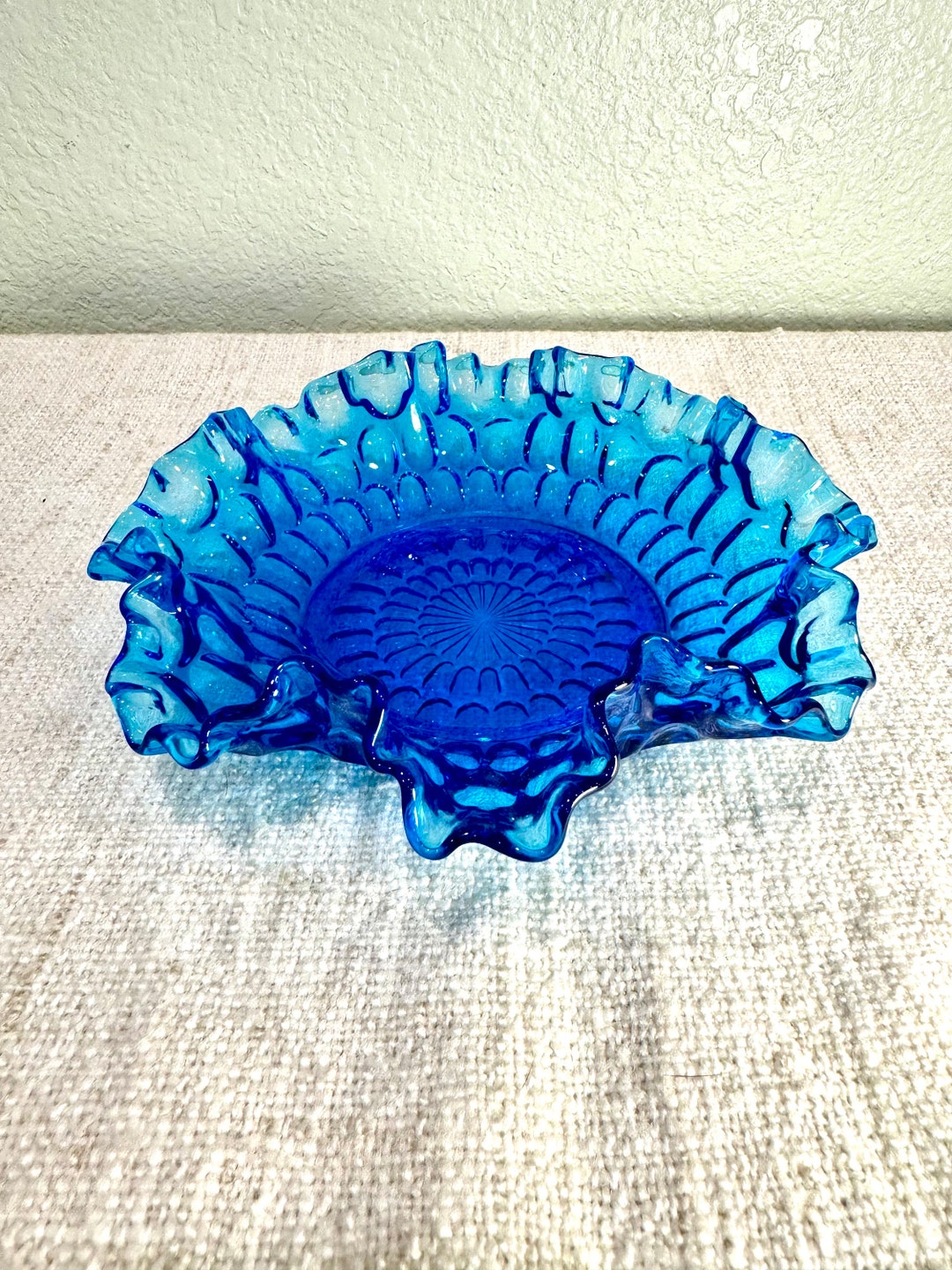 Vintage Fenton Colonial Blue Ruffled Thumbprint Bowl - Etsy