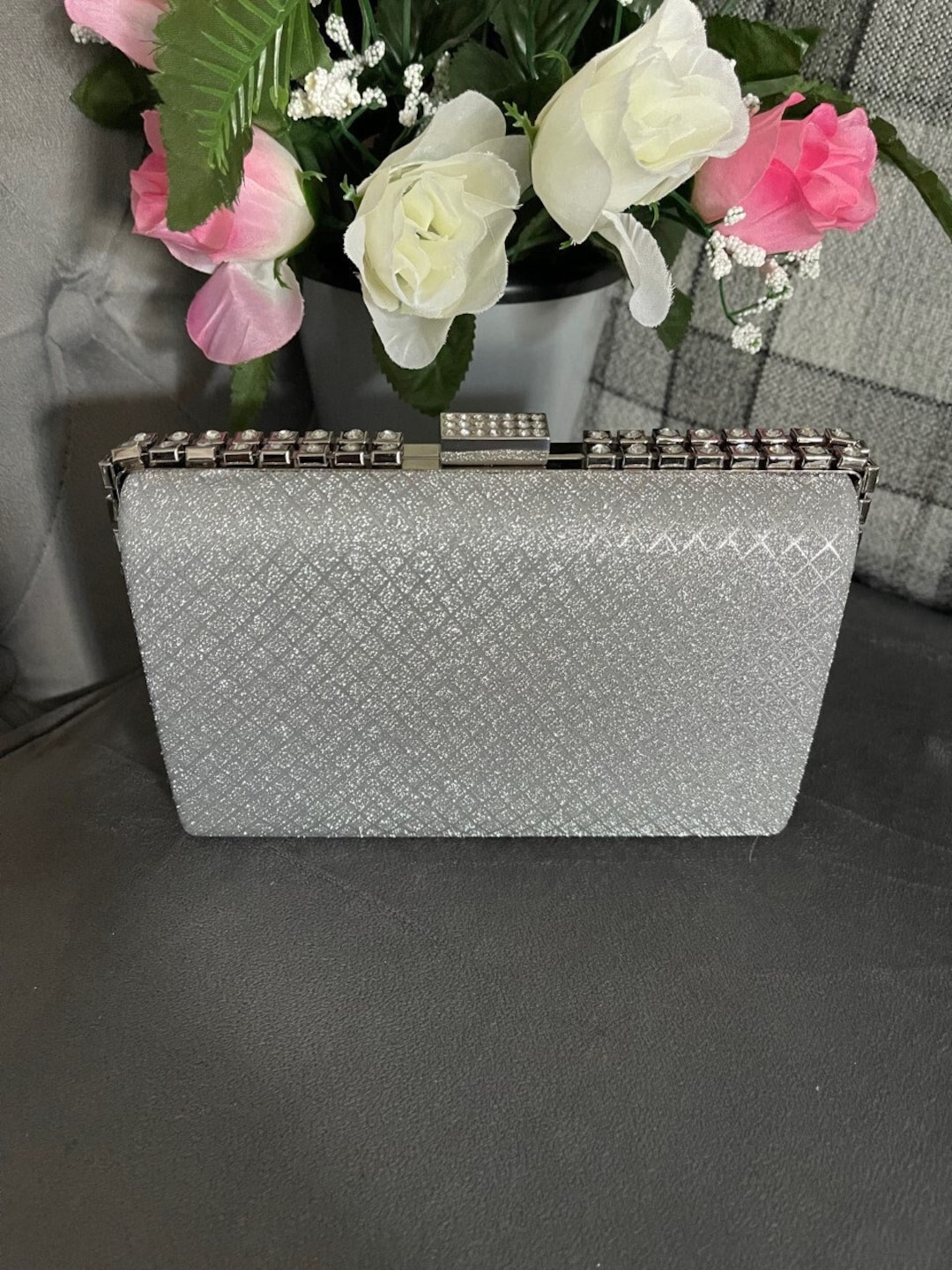 Silver Glitter Crystal Embellished Clutch Bag Evening Bag Prom Shoulder Bag Wedding Functions ...