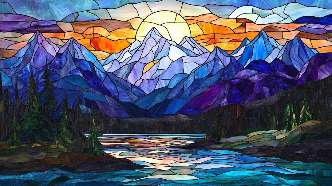 Mountain Sunset Stained Glass PNG – Digital Canvas Wall Art Download ...