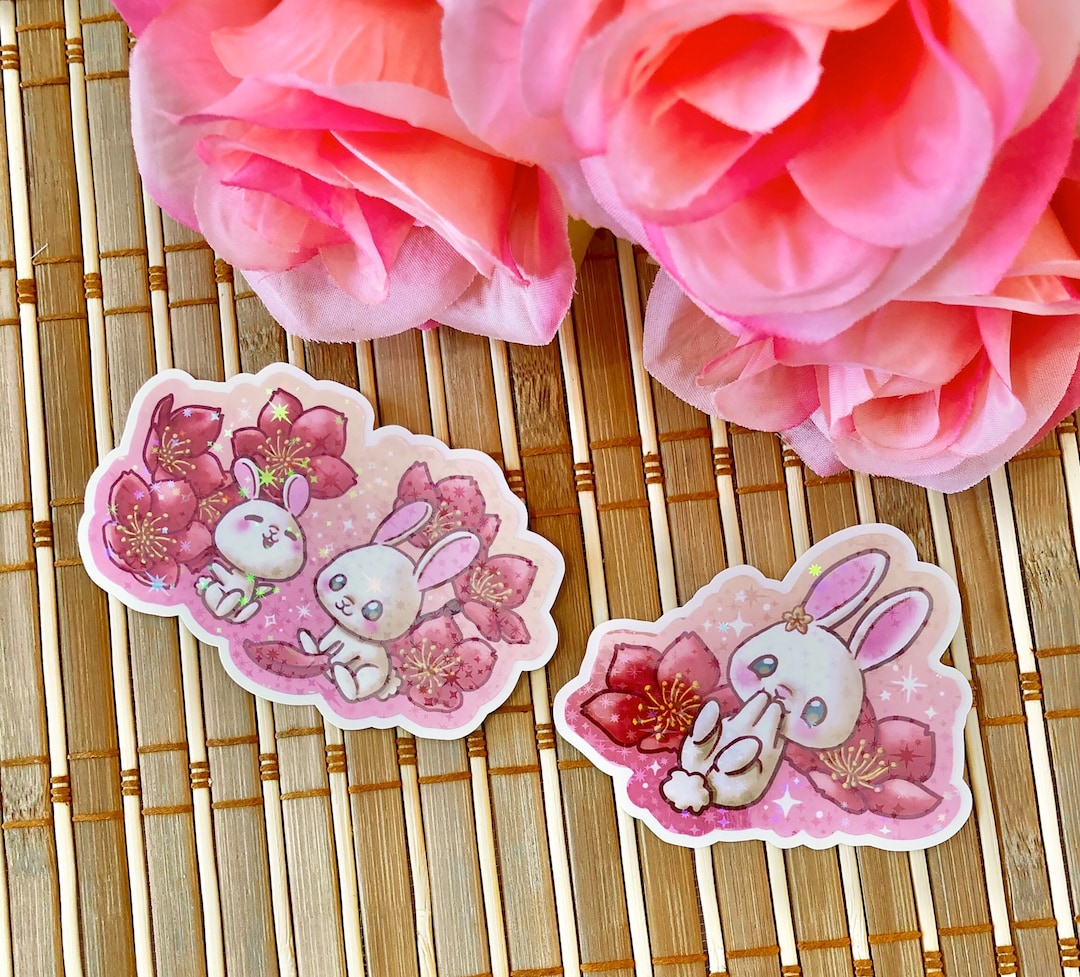 Cherry Blossom Bunny Sticker, Sakura White Rabbit Vinyl Decal, Kawaii ...