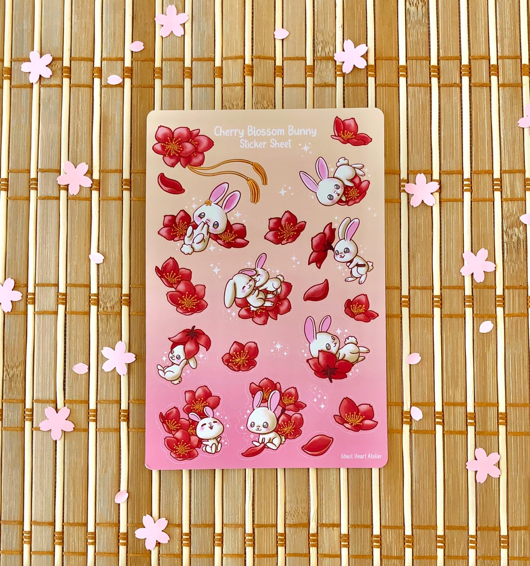 Cute Sakura Bunny Sticker Sheet, Kawaii Cherry Blossom Flowers Decal ...