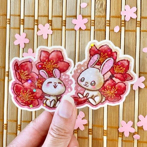 Cherry Blossom Bunny Sticker Set, Kawaii Sakura White Rabbit Vinyl Art ...