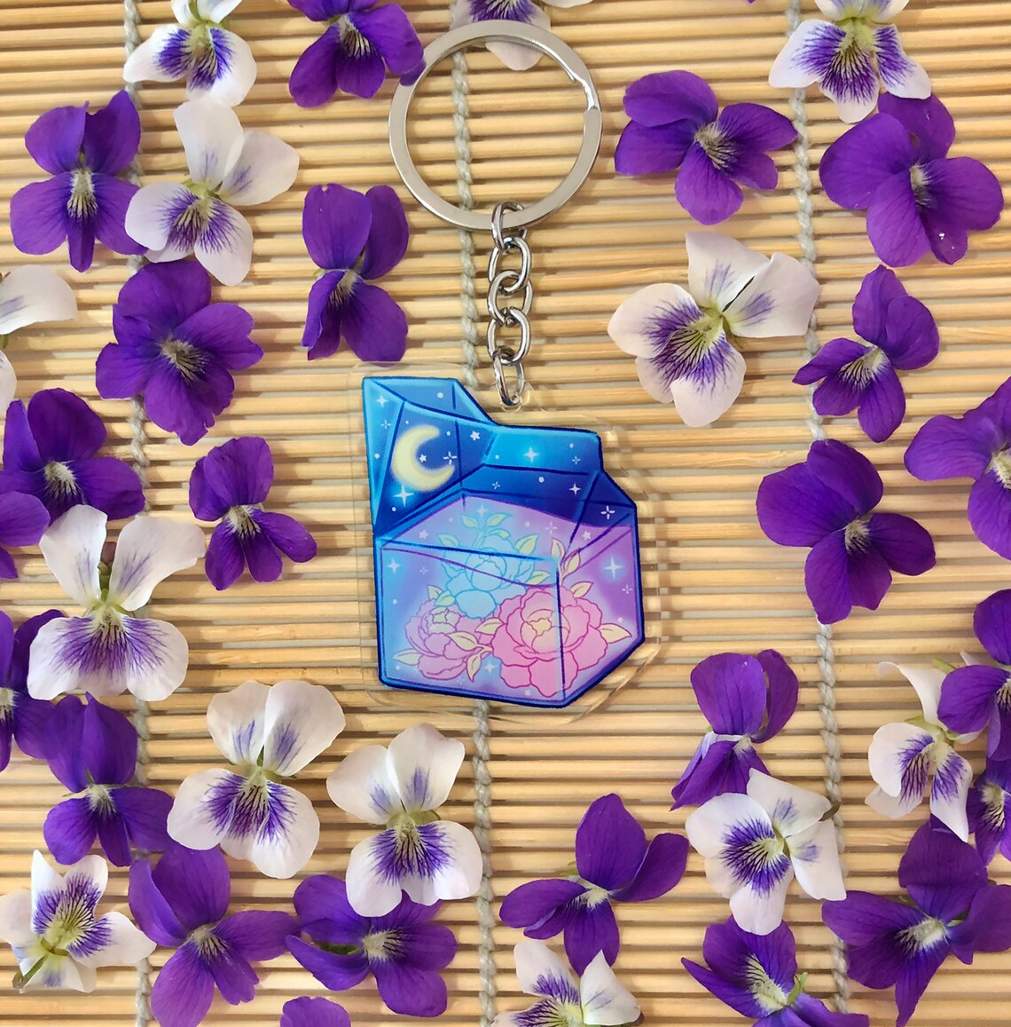 Celestial Milk Carton Acrylic Charm Keychain, Floral Glass Carton Key ...