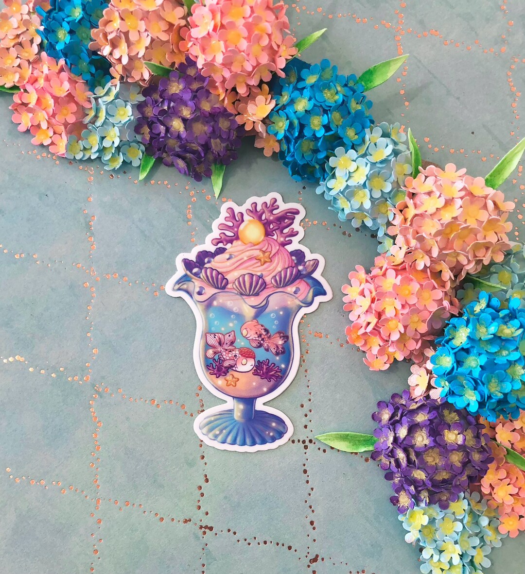 Goldfish Ice Cream Sundae Vinyl Sticker, Cute Anime Fish Bowl Parfait ...