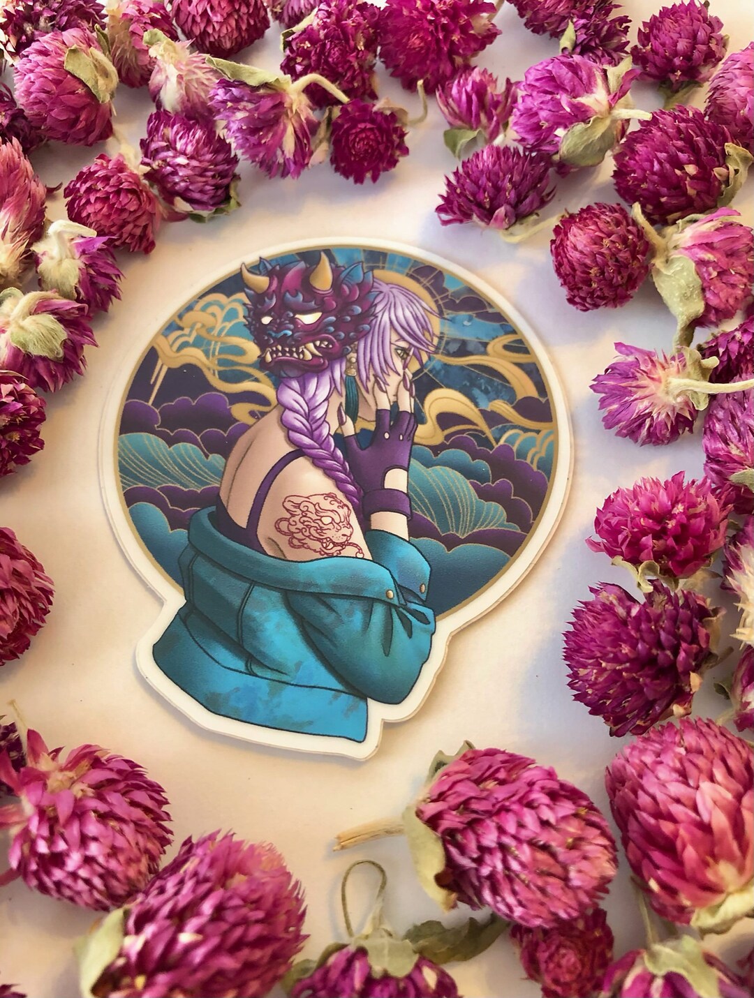 Yokai Mask Girl Vinyl Sticker, Tattoo Oni Girl Aesthetic Decal, Cute ...