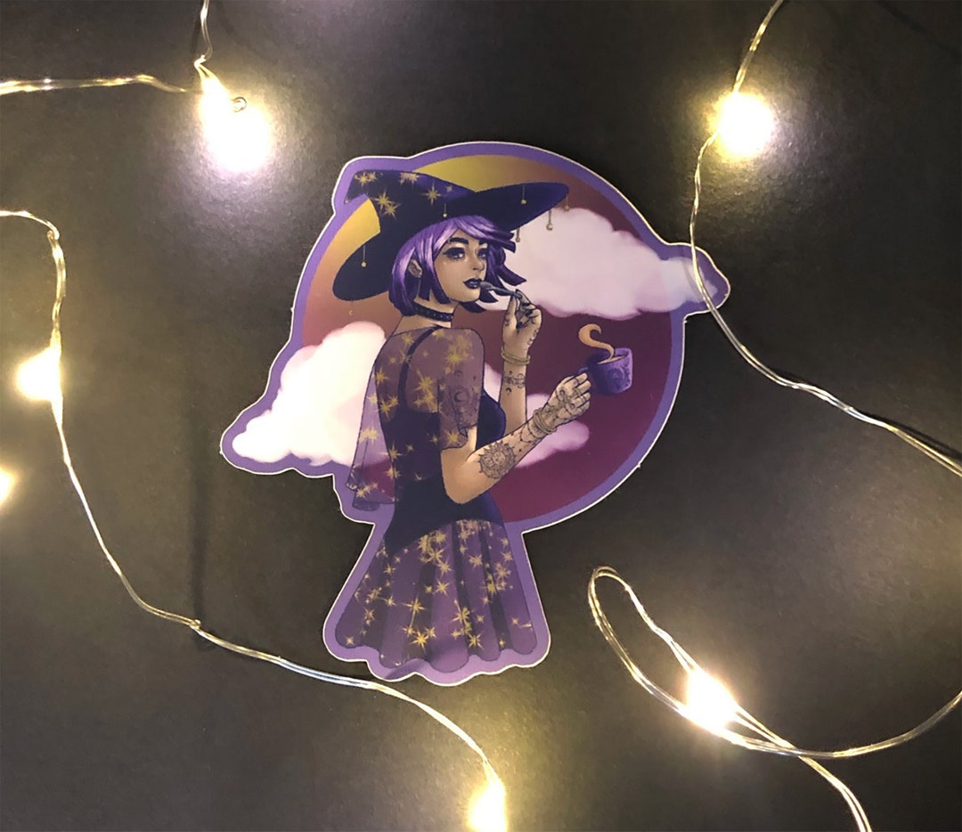 Purple Night Witch Sticker, Witchy Galaxy Vinyl Sticker, Tattoo Girl ...