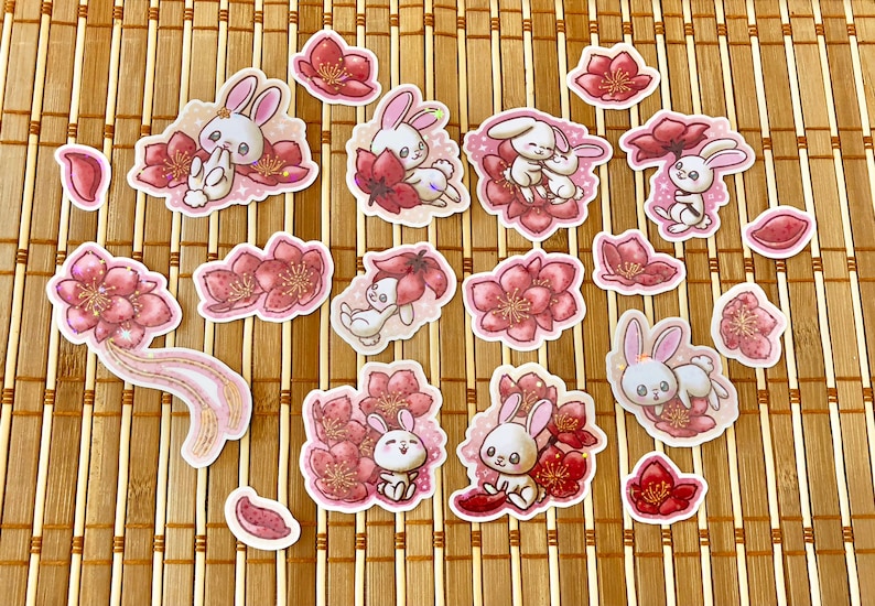Cherry Blossom Bunny Sticker Set, Kawaii Sakura White Rabbit Vinyl Art ...