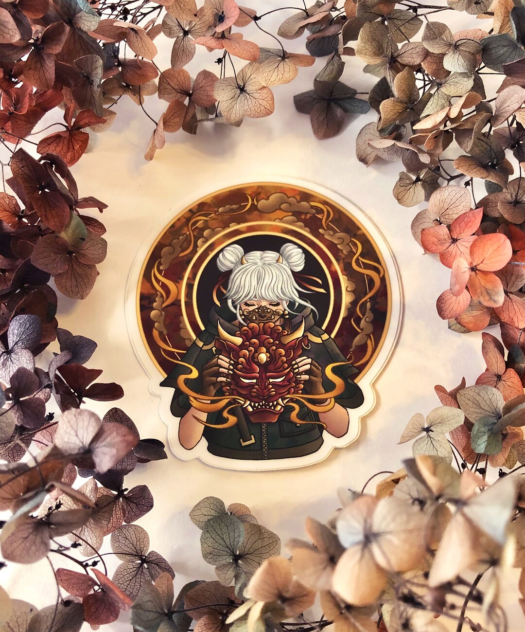 Fire Yokai Mask Girl Vinyl Sticker, Oni Girl Aesthetic Decal, Anime ...