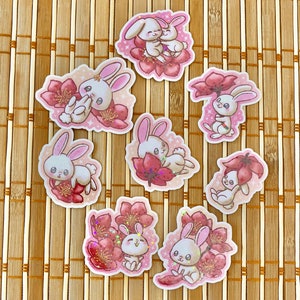 Cherry Blossom Bunny Sticker Set, Kawaii Sakura White Rabbit Vinyl Art ...