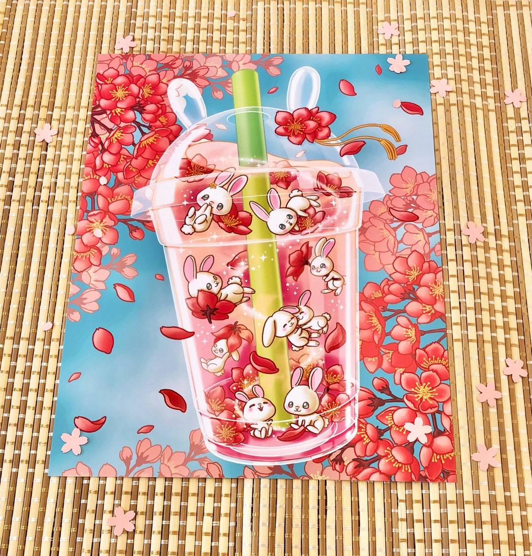 Cherry Blossom Bunny Bubble Tea Art Print, Cute 8.5 X 11 Inch Sakura ...