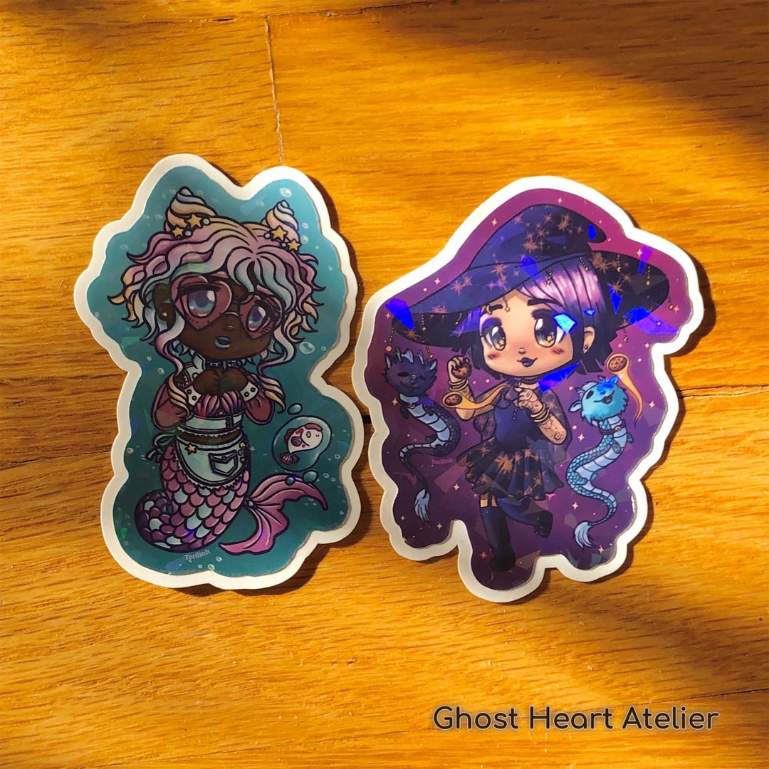 Holographic Anime Chibi Mermaid Waitress and Tea Barista Witch Vinyl ...