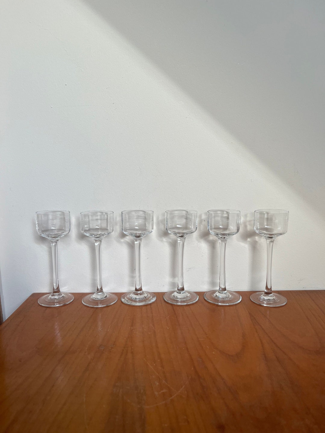 Set of 6 Long-stemmed Shot Glasses Elegant Angular Cut and Line Cut Art ...