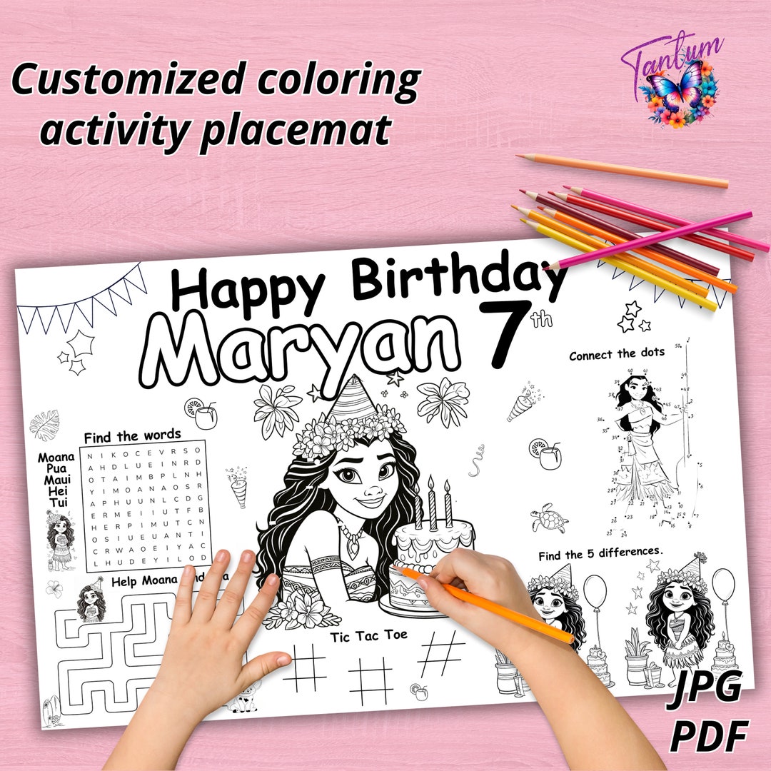 Birthday Party EDITABLE Placemat Moana Birthday Activity Sheet Coloring ...