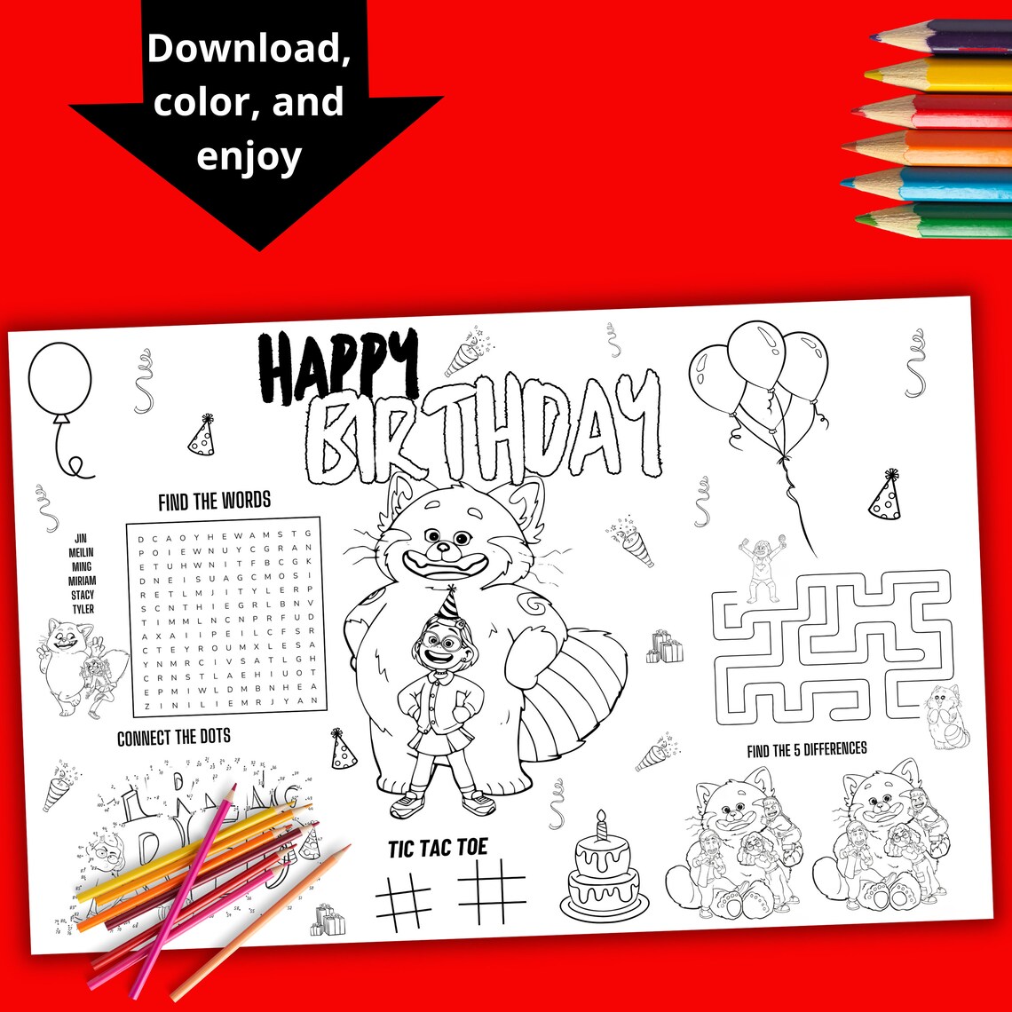 Turning Red Coloring Page, Turning Red Birthday Placemat, Turning Red ...