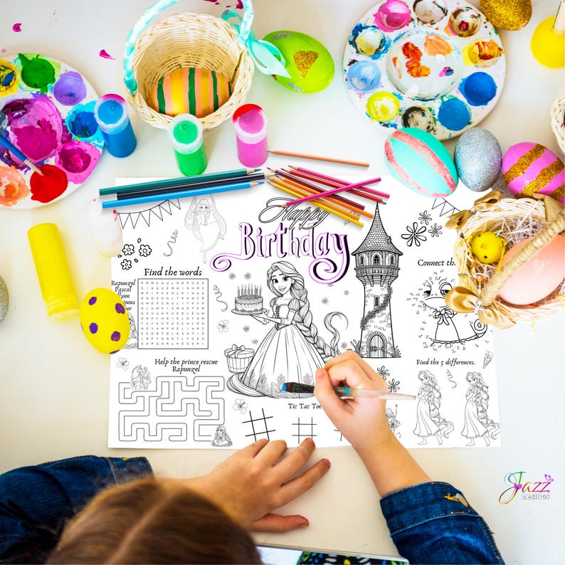 Raounzel Coloring Page, Rapunzel Birthday Placemat, Activity Set ...