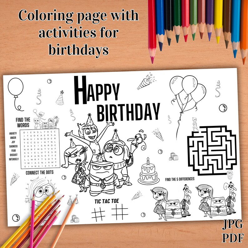 Inside Out Birthday Placemat, Inside Out Party, Coloring Activity Mat ...