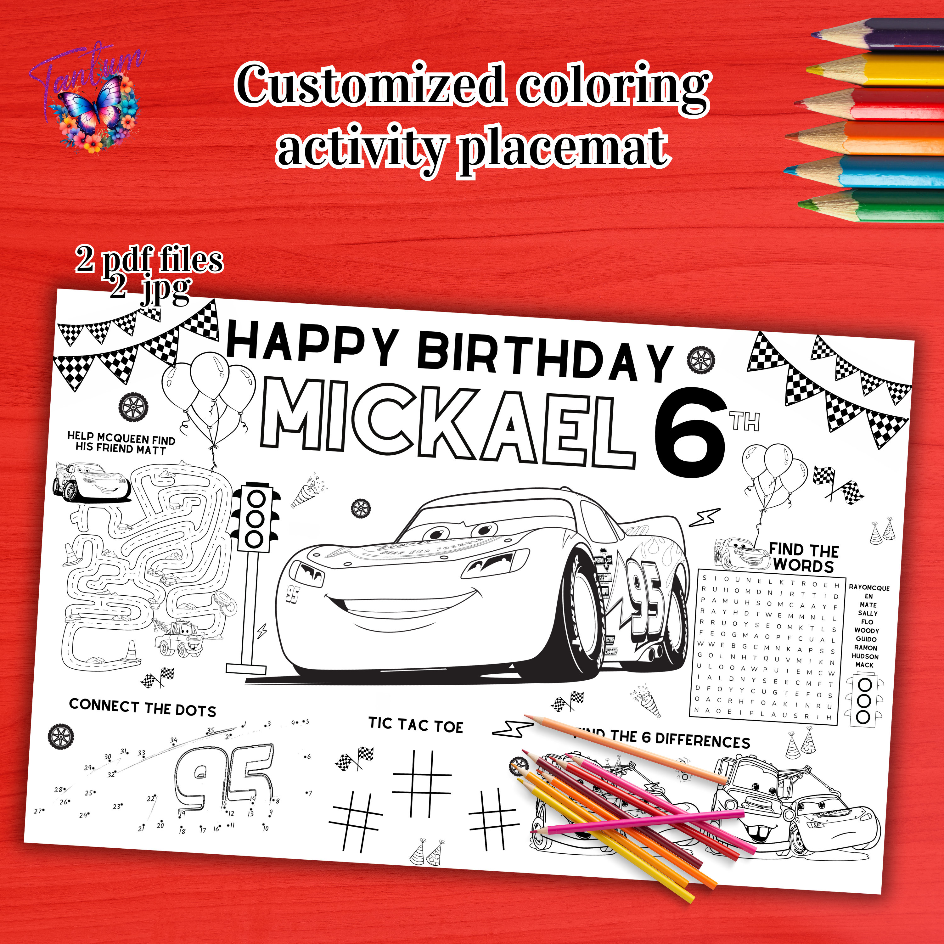 CAR'S Birthday Party EDITABLE Placemat Cars Birthday Activity Sheet ...