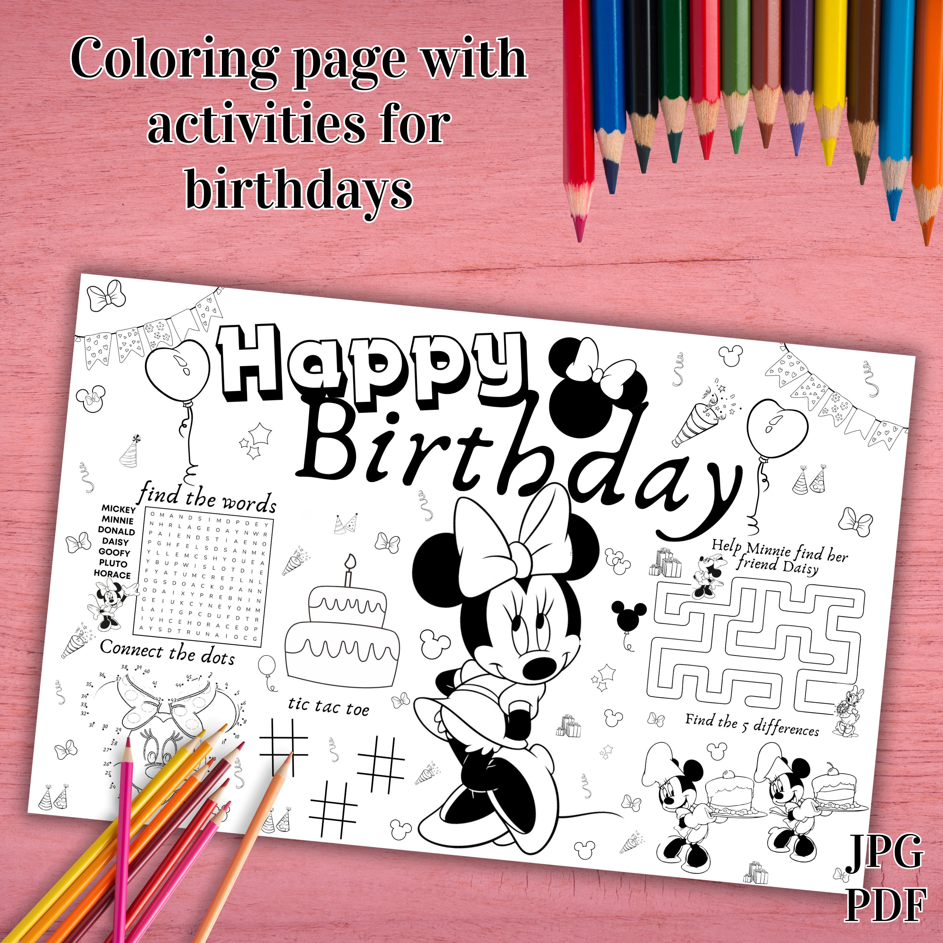 Minnie Activity Placemat, Minnie Coloring Page, Birthday Minnie ...