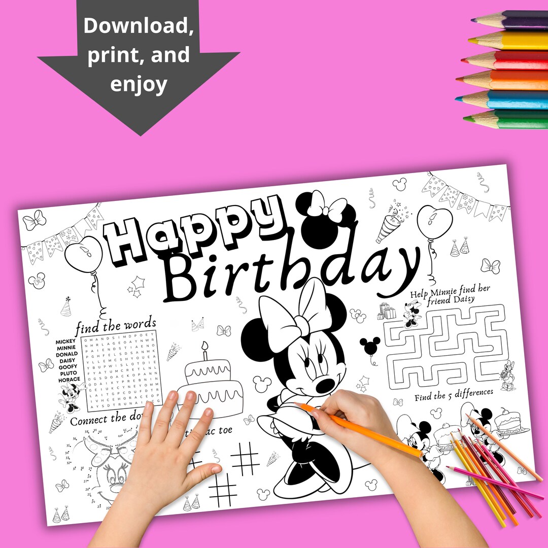 Minnie Activity Placemat, Minnie Coloring Page, Birthday Minnie ...