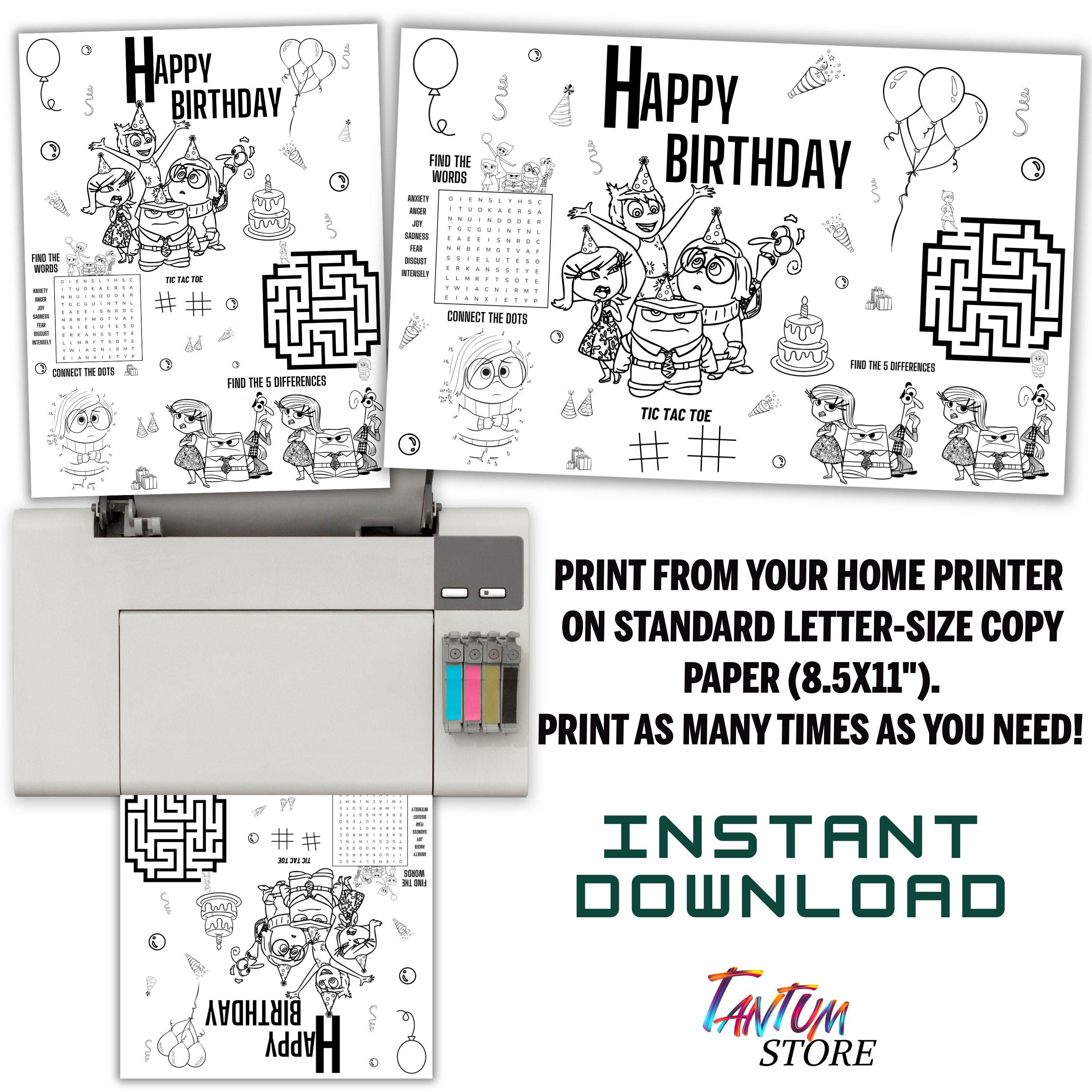 Inside Out Birthday Placemat, Inside Out Party, Coloring Activity Mat ...