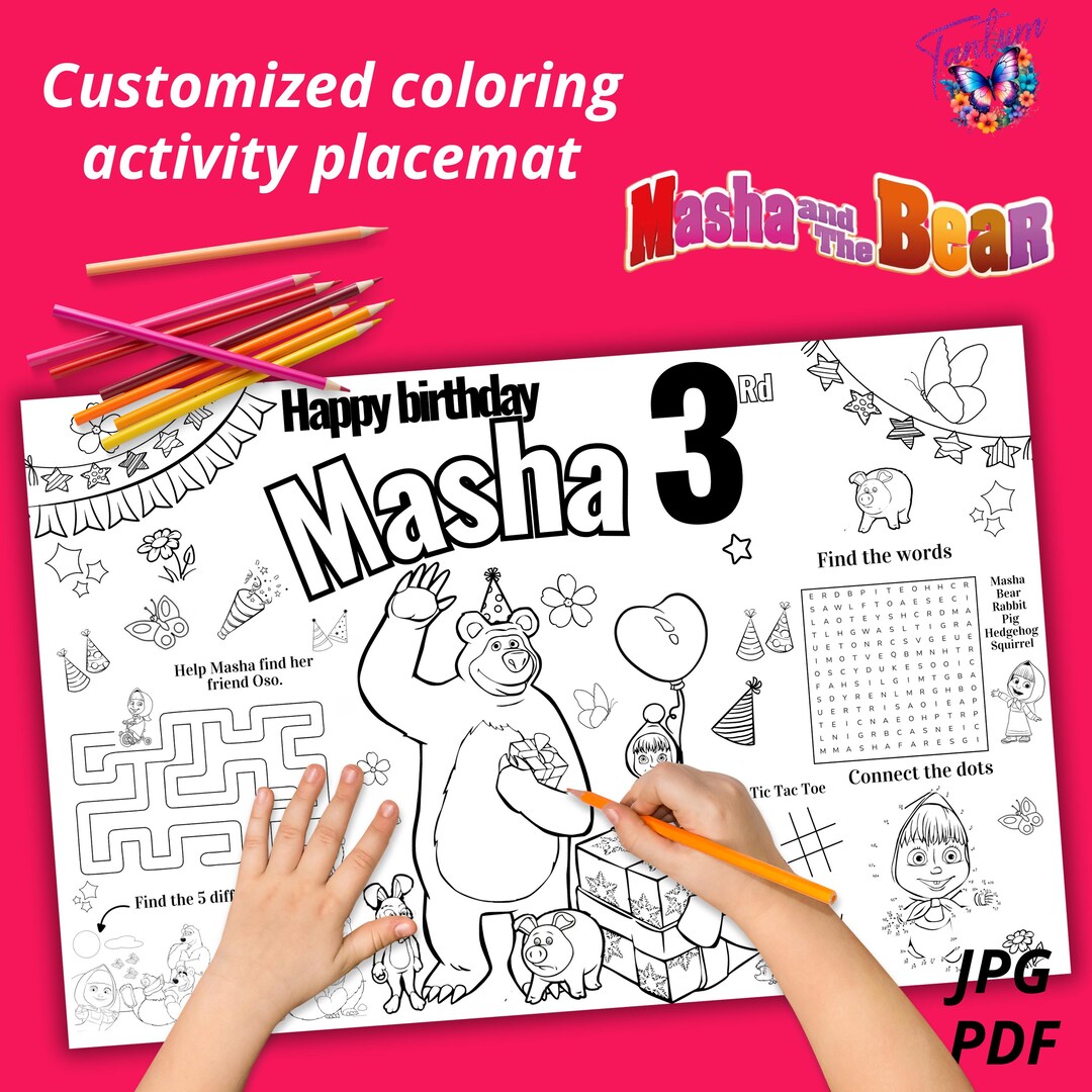 Masha and the Bear Birthday Party EDITABLE Placemat, Masha and Bear ...