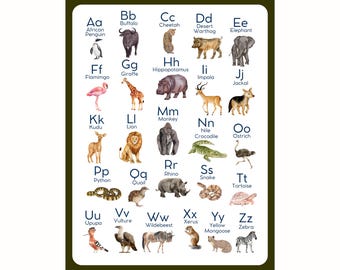 African Safari Animals Printable Alphabet Poster | A-Z Safari Animal ...