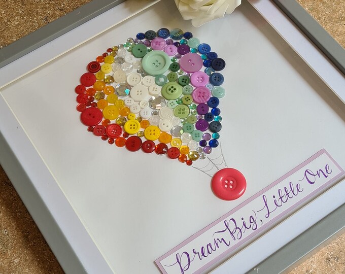 Button Hot Air Balloon, Shadow Box Frame, Rainbow Themed Gift, Gift for ...