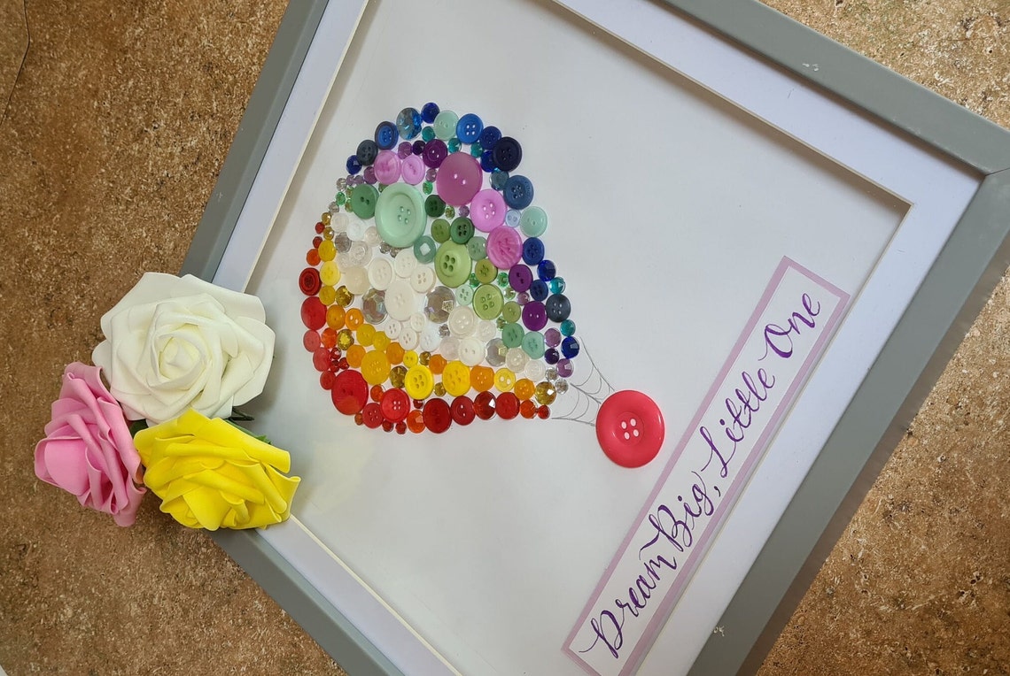 Button Hot Air Balloon, Shadow Box Frame, Rainbow Themed Gift, Gift for ...