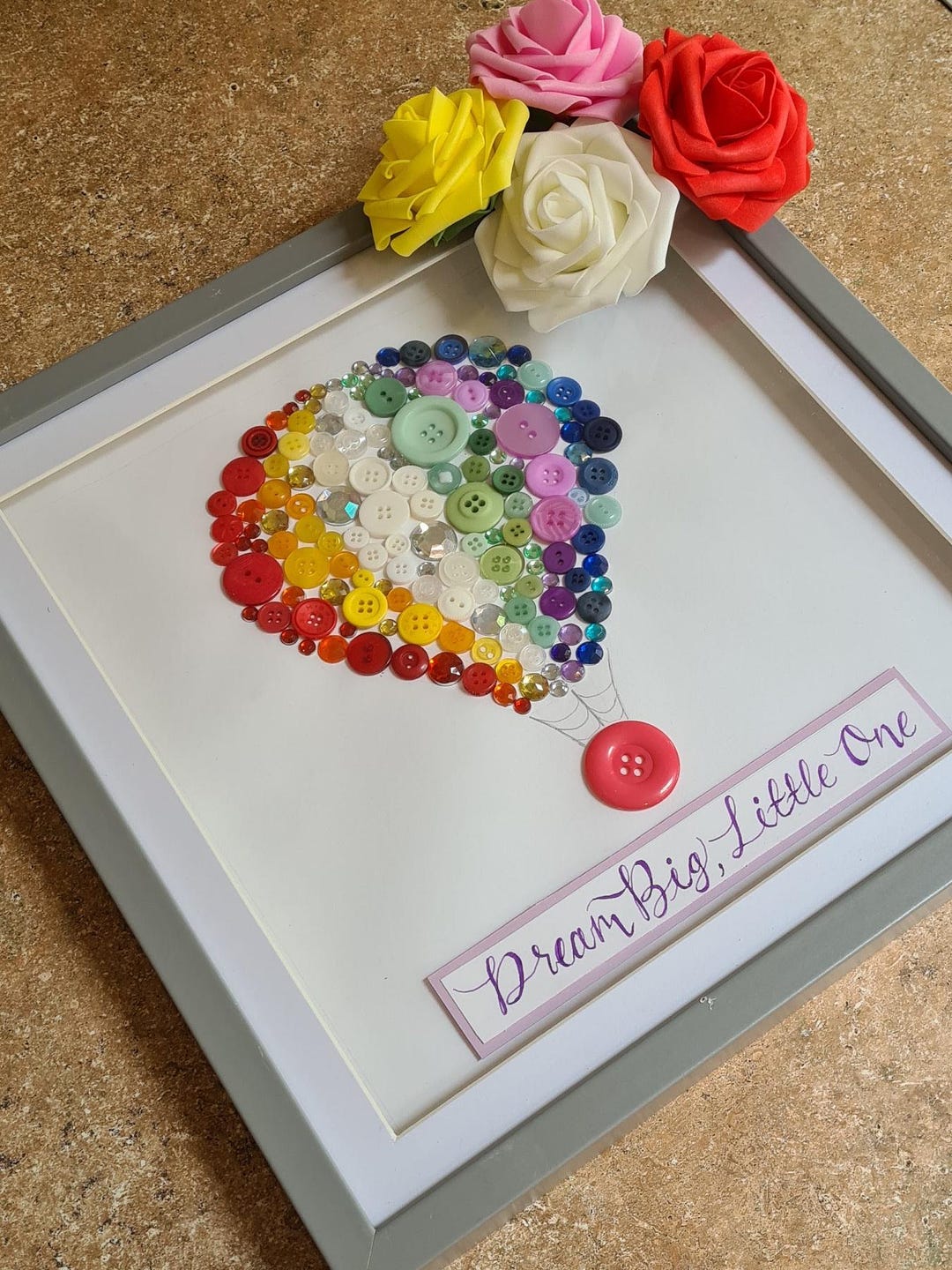 Button Hot Air Balloon, Shadow Box Frame, Rainbow Themed Gift, Gift for ...