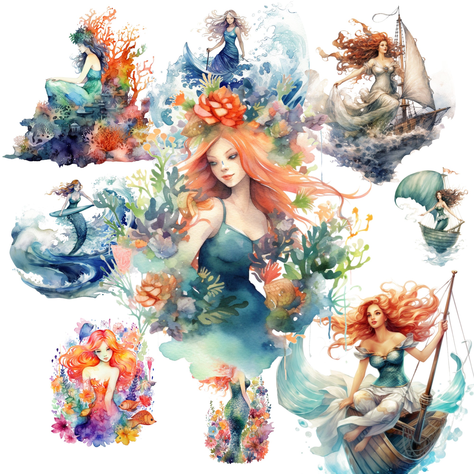 Mermaids Watercolor Clipart 30 Mysterious Captivating Pixie - Etsy