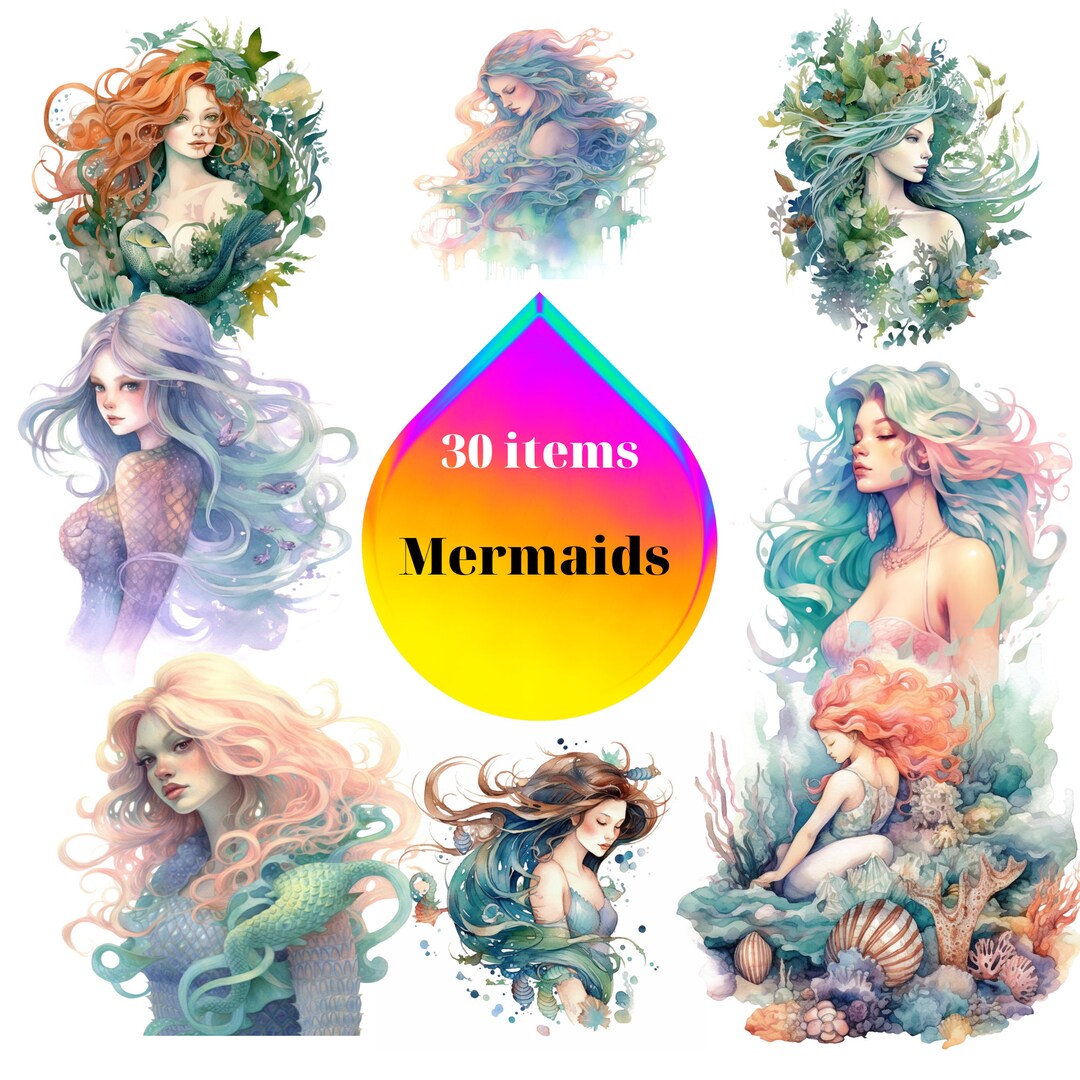 Mermaids Watercolor Clipart 30 Mysterious Captivating Pixie - Etsy
