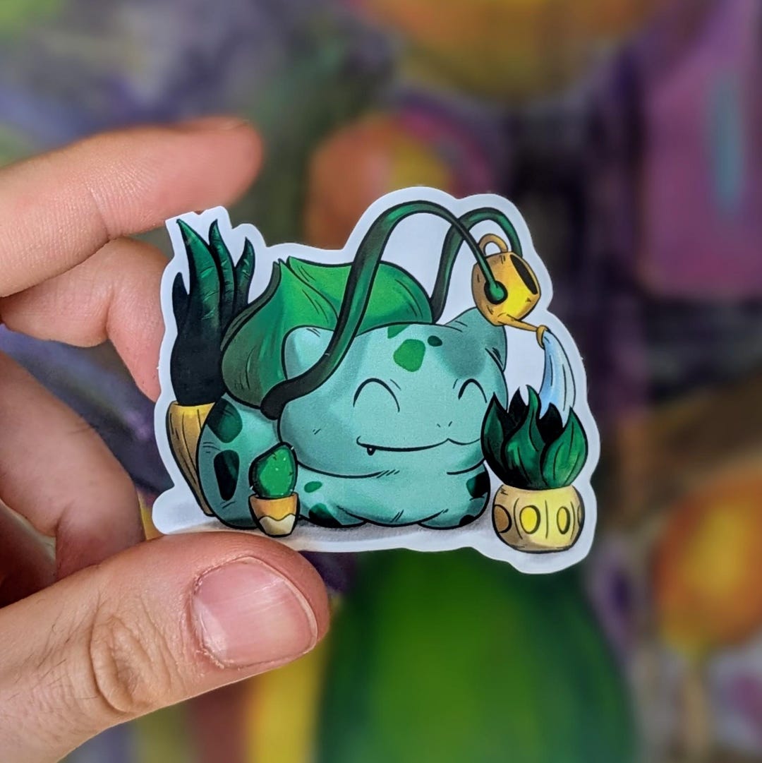 Cute Bulbasaur Sticker | Anime Bulbasaur Watering Plants Art | Cozy Lo ...