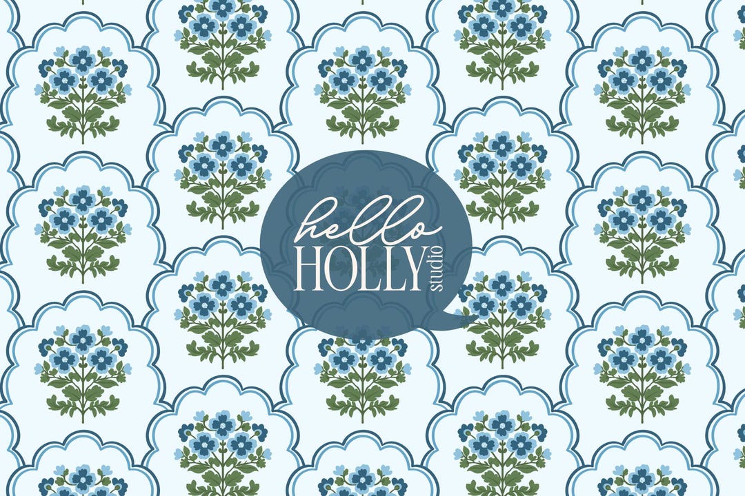 Blue Floral Grand Millennial Scallop Pattern - Preppy Floral Background ...