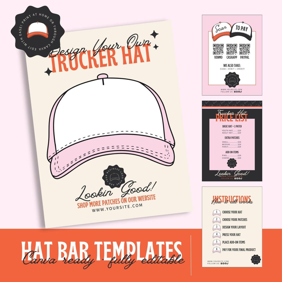 Trucker Hat Bar Flyer Set Canva Templates With Price List DIY Editable ...