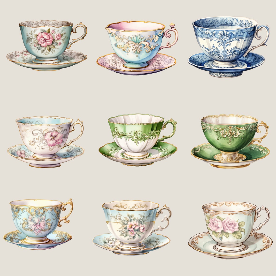 Vintage Tea Party Clipart Pack, Watercolor Versailles Tea Party, Tea ...