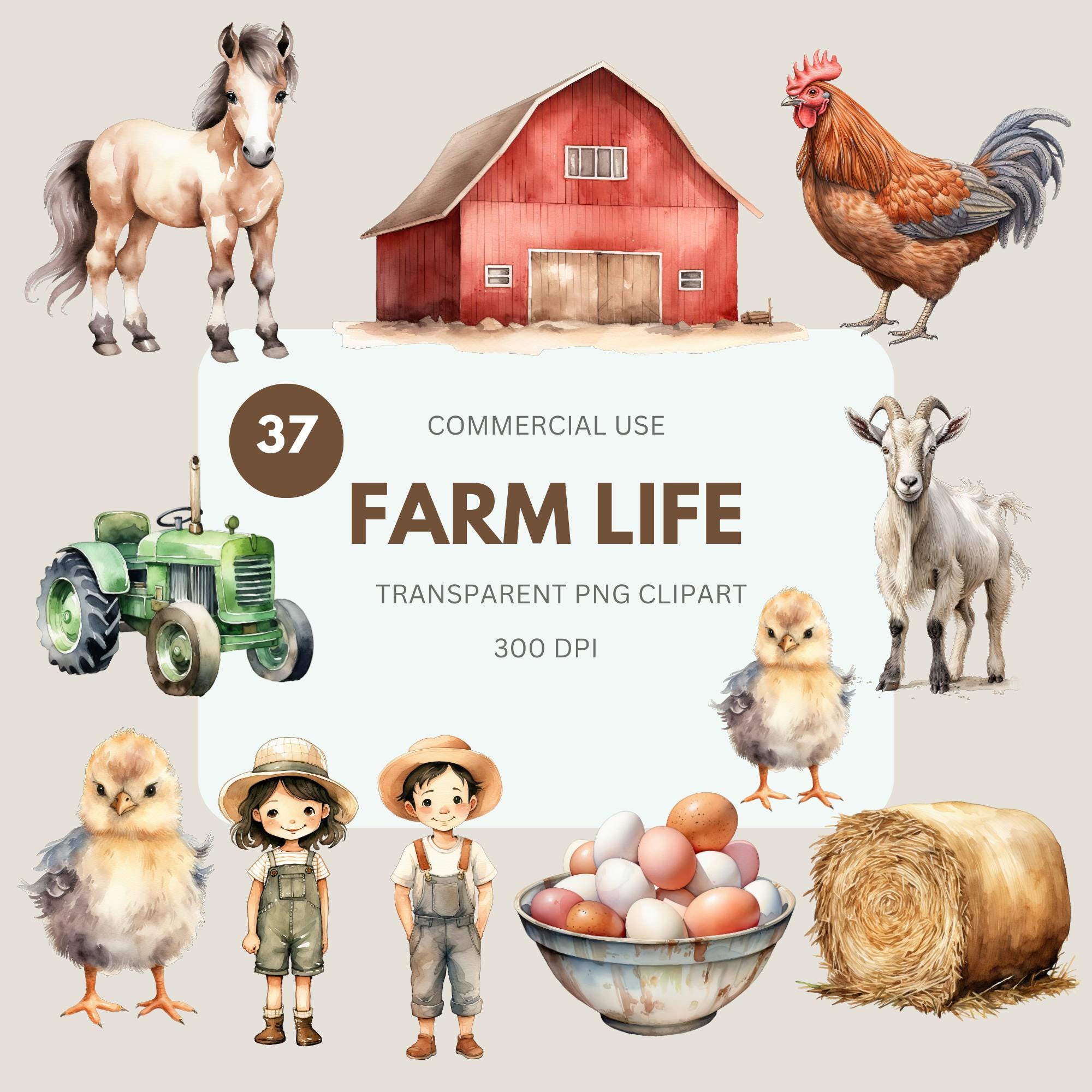 Farm Clipart Pack, Farm Animal Watercolor, Barn Clipart, Barnyard, Cow ...