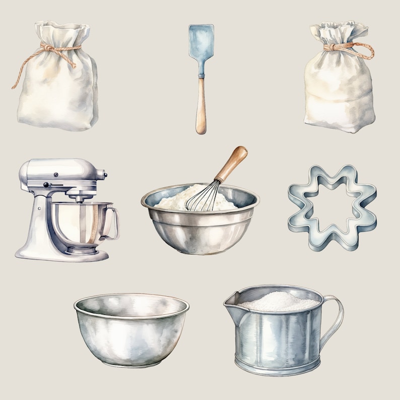 Baking Supplies Clipart Pack, Watercolor Baking Clipart, Kitchen ...