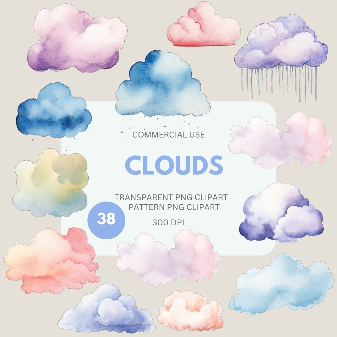 Watercolor Pastel Clouds Clipart Pack, Cloudy Graphics PNG, Rainy ...