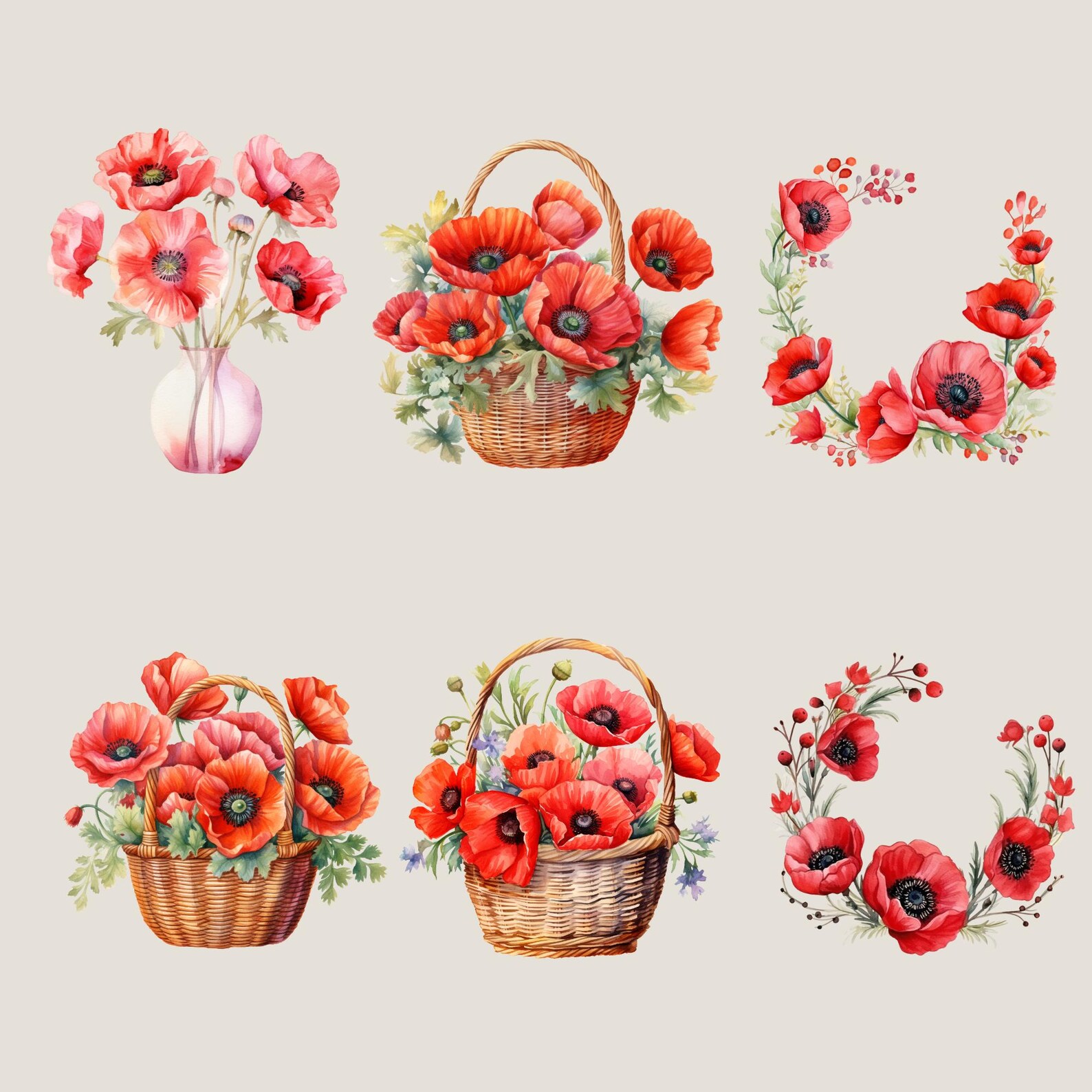 Poppy Clipart, Watercolor Poppy Clipart, Floral Illustration, Red Poppy ...