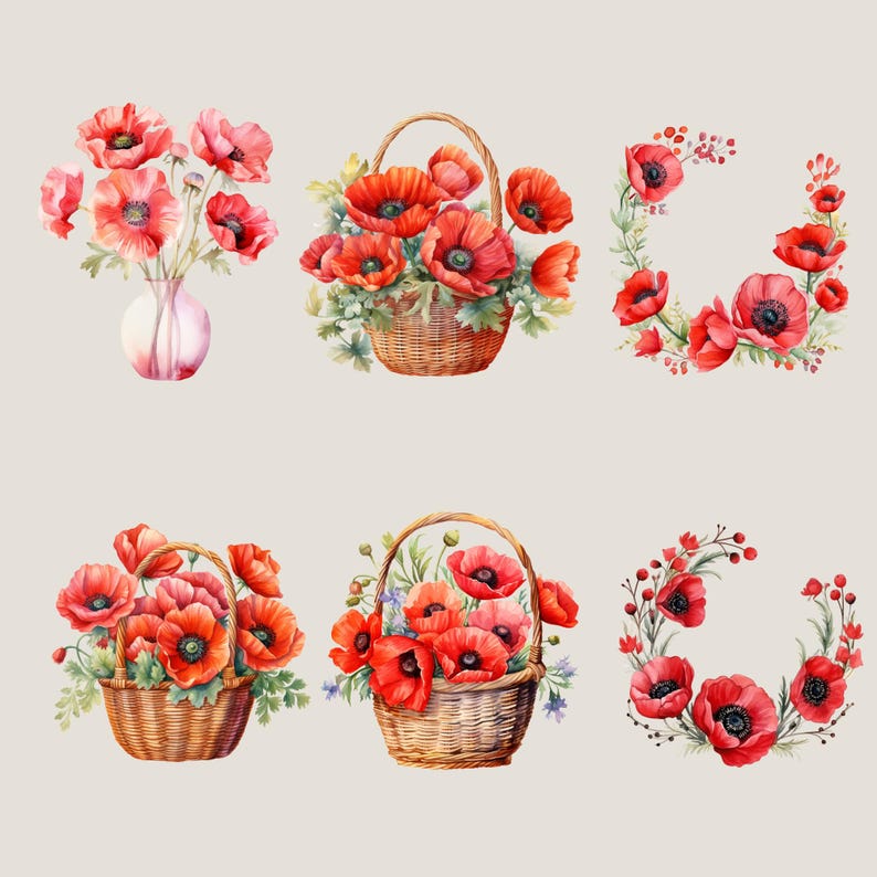 Poppy Clipart, Watercolor Poppy Clipart, Floral Illustration, Red Poppy ...