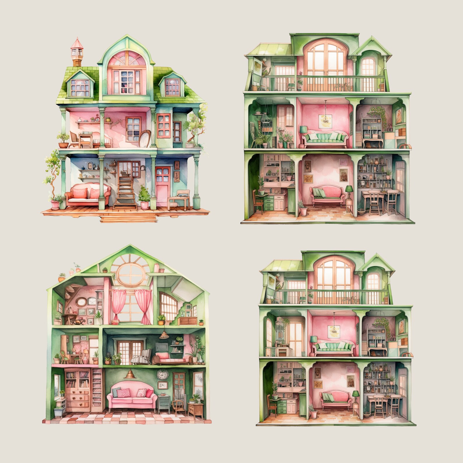 Dollhouse Clipart Pack, Watercolor Cute House PNG, Pastel Dollhouse ...