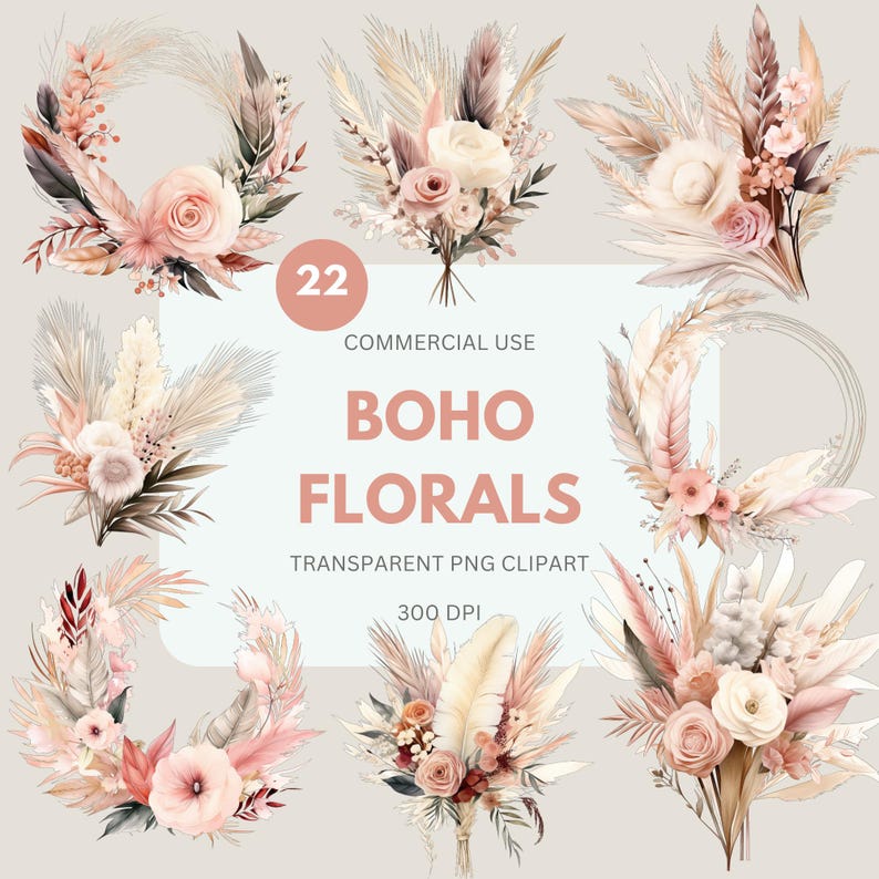 Boho Florals Clipart Pack, Watecolor Boho Floral, Wedding Flowers ...