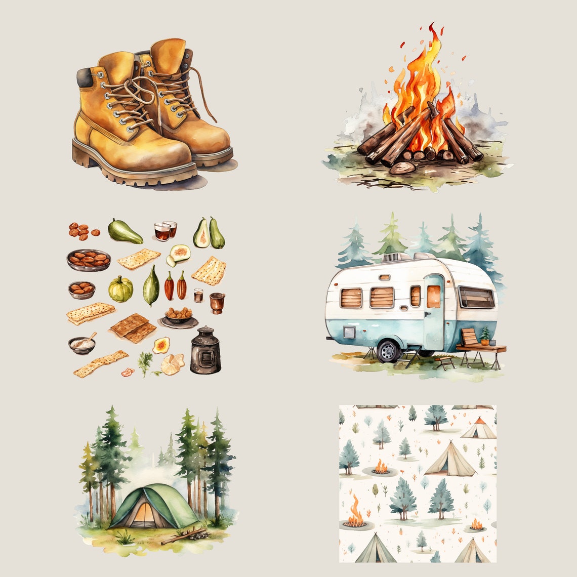 Camping Clipart Pack, Campfire Tent PNG, Campsite Sleeping Bag Hiking ...