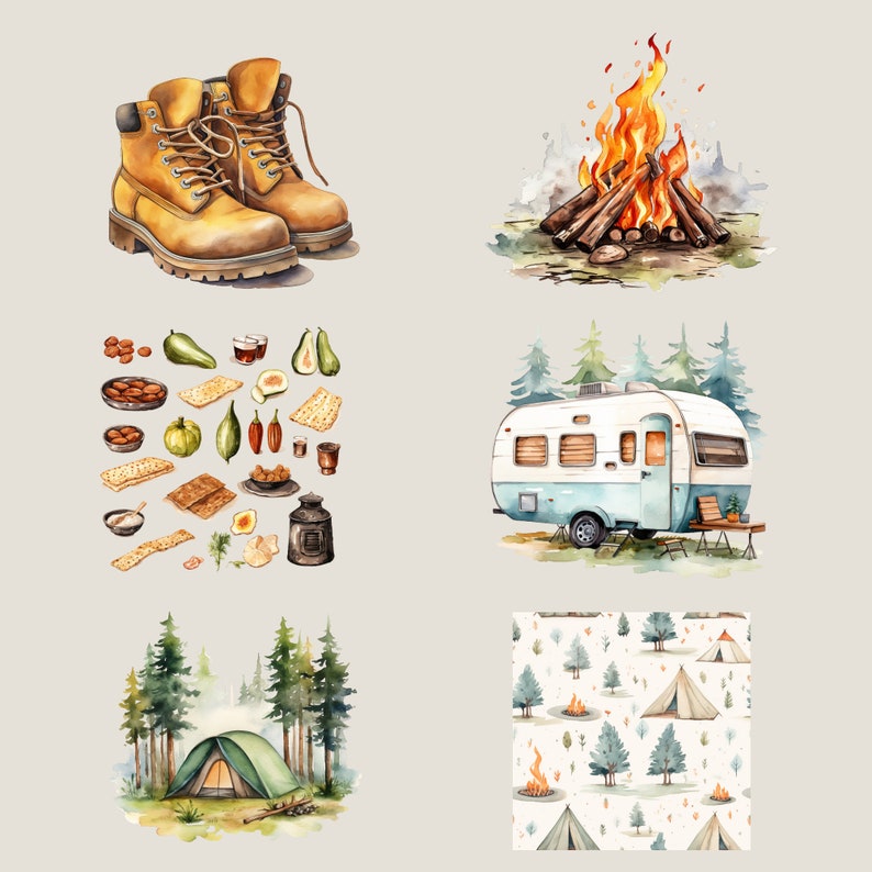 Camping Clipart Pack, Campfire Tent PNG, Campsite Sleeping Bag Hiking ...