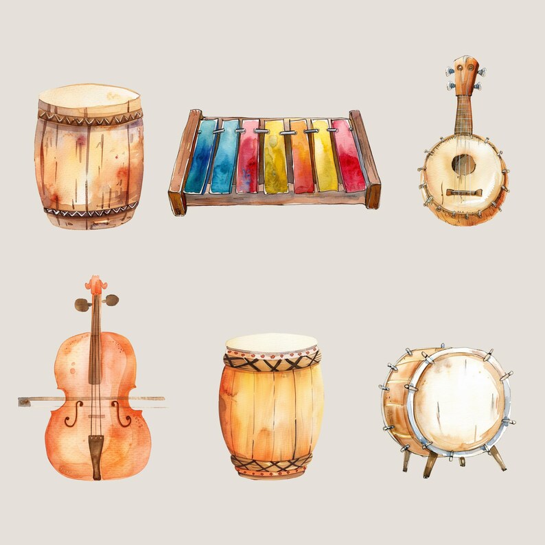 Musical Instruments Clipart Pack, Watercolor Band Instruments PNG, Cute ...